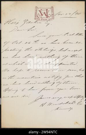 Letter to Philip Zilcken, 1890 letter New York (city) paper. ink ...