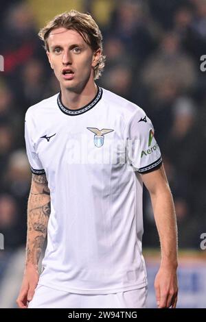 Lazio’s Italian midfielder Nicolo Rovella challenges for the ball with Lecce’s forward Nikola ...