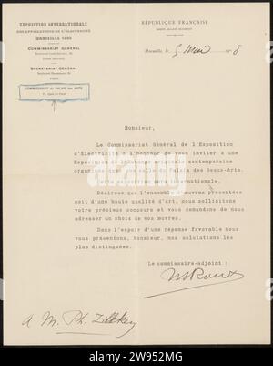 Letter to Philip Zilcken, Marcel Roux, 1908 letter Marseille paper. ink ...