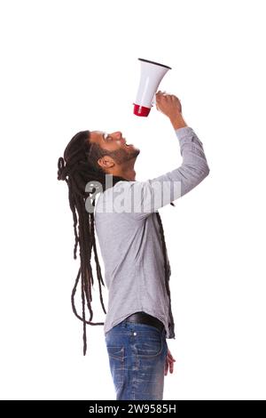 Handsome rastafari man speaking over the megaphone Stock Photo - Alamy