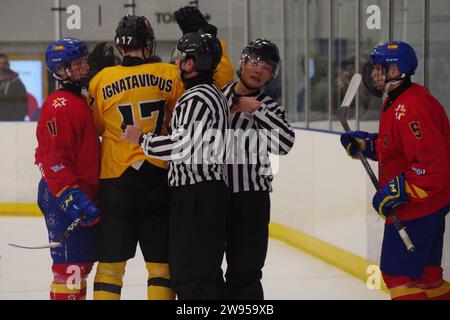 Dumfries, 14 December 2023. Linesperson Anthony Lapointe holding ...