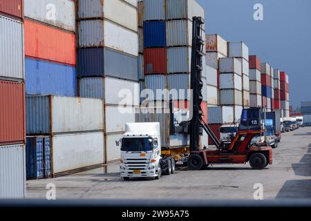 Container forklift on the wharf international transport logistics Stock ...