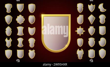 Set of realistic golden heraldic shields. Vector illustration on a ...