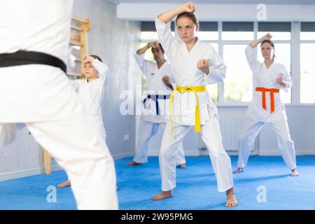Teen girl with family repeat movements and learn fighting techniques during martial arts lesson ...