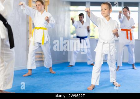 Boy and his family during practice of karate kata standing in row and ...