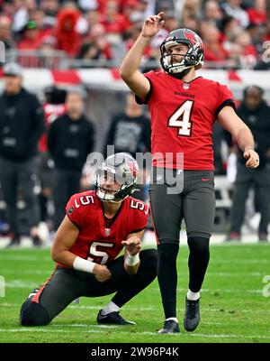Tampa Bay Buccaneers kicker Chase McLaughlin watches his field goal against the Tennessee Titans ...