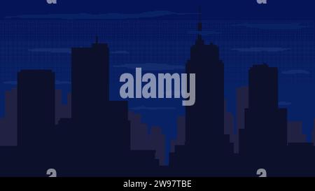 Night time cityscape pixel background. High buildings silhouette with ...
