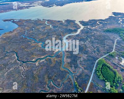 An aerial view of Princess Anne, Maryland with marshlands and waterways ...
