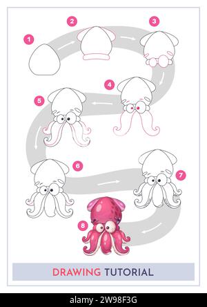 How to Draw a Squid. Step by Step Drawing Tutorial. Draw Guide. Simple ...