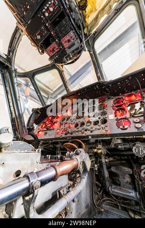 Interior of a decommissioned Westland Wessex helicopter. Seating, main ...