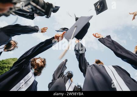Graduated students celebrate achievements, walking and throwing caps in ...