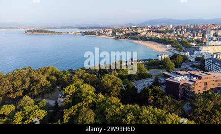 Aerial view of Santander bay, Mataleñas beach and Cabo Menor promontory ...