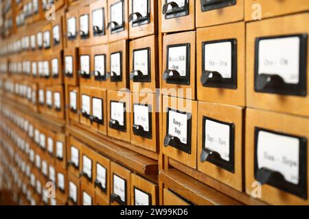Closeup view of library card catalog drawers Stock Photo - Alamy