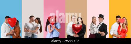 Romantic date. Different lovely couples on color backgrounds, set of ...