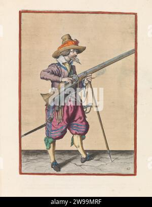 Soldier on guard the pan of his musket with two fingers covered against ...