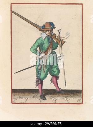 Soldier who wears his musket on his left shoulder and holds his furks ...