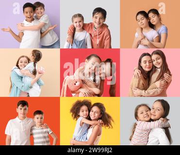 Collage of hugging people on color background Stock Photo - Alamy