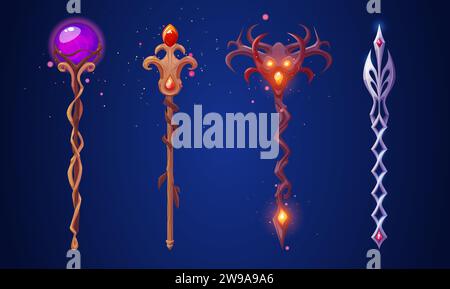 Fantasy scepter made of wood with magic ball, animal skull and glowing ...