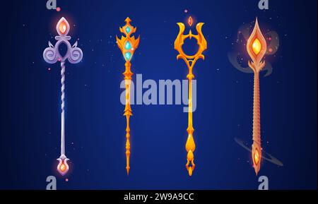 Fantasy scepter with magic glowing neon decorative gem stones and smoke ...