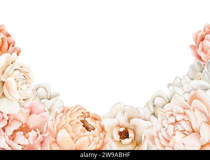 Watercolor floral frame with gentle peachy peonies and roses on a white ...