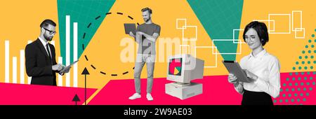 Creative collage picture panorama monochrome effect happy smile ...