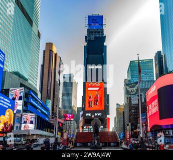 Times Square famous big red stairway, TKTS Stairs, Duffy Square, signs ...