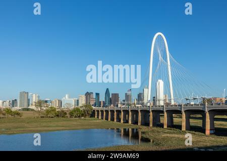 scenic skyline Panoramaof Downtown Dallas seen from Trinity River with ...