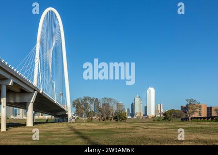 scenic skyline Panoramaof Downtown Dallas seen from Trinity River with ...