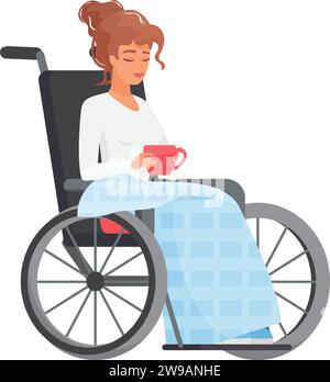 Woman in wheelchair with warm drink. Lady with limited mobility ...