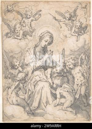 The Virgin and Child in the clouds surrounded by angels and Sts Cosmas ...