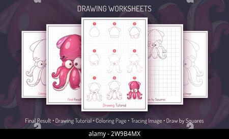 How to Draw a Squid. Step by Step Drawing Tutorial. Draw Guide. Simple ...