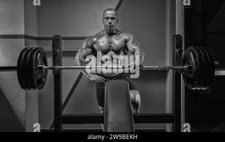 Muscular man stands near the barbell. Bodybuilding concept. Mixed media ...