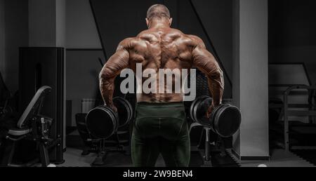 Powerful bodybuilder posing in the gym with dumbbells. No name portrait ...