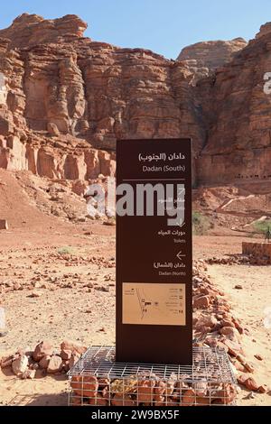 Lion Tombs carved into the red rock cliffs at Dadan in AlUla Stock ...