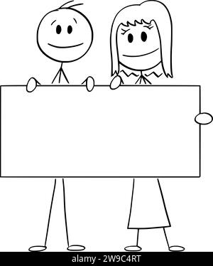 Two persons or businessmen holding empty sign, vector cartoon stick ...
