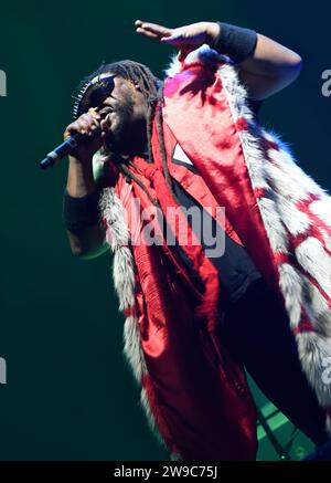 Benji Webbe of the Welsh rock reggae metal band Skindred performs live ...