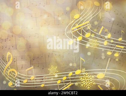 Treble clef, music notes and snowflakes against dark blue background ...