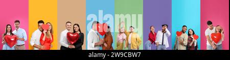 Romantic date. Different lovely couples on color backgrounds, set of ...