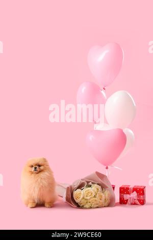 White dog with roses and balloons on pink background with space for ...