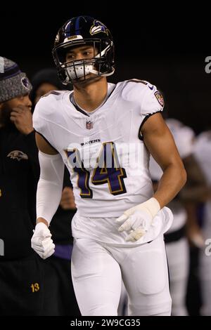 Baltimore Ravens safety Kyle Hamilton (14) warms up before playing ht ...