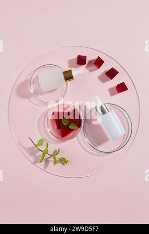 Top view of two unlabeled serum bottles placed on top of line and ...