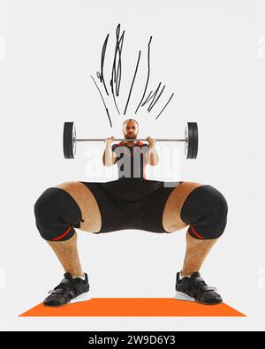 Contemporary art collage. Muscular, athletic man training, bodybuilder ...