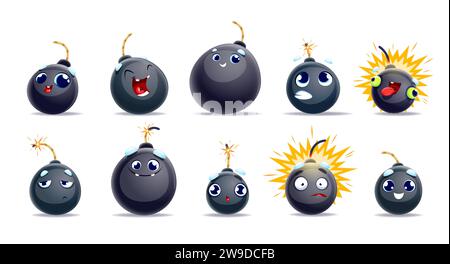 Cartoon bomb characters and wick fuse, explosive weapon personages with ...