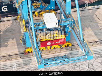 Automated guided vehicles transport cargo at the fully automated ...