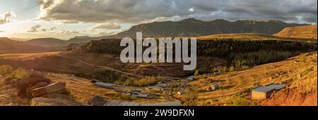 Panorama of a remote village in the Lesotho mountains at sunrise ...