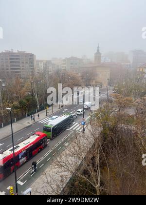 Foggy winter cityscape as temperatures go down in Zaragoza, Spain Stock ...