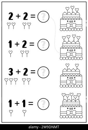 Saint Valentine black and white counting game with cute kawaii cats and ...