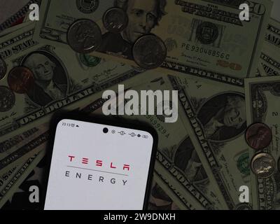 In this photo illustration, the Tesla Energy logo is seen in the ...