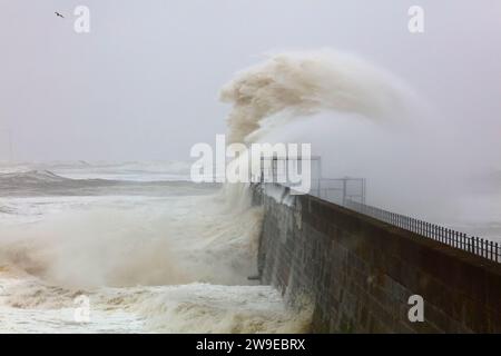 Huge Waves battering a sea defence wall during a storm at Hartlepool ...