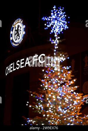 A christmas tree outside the ground ahead of the Premier League match ...